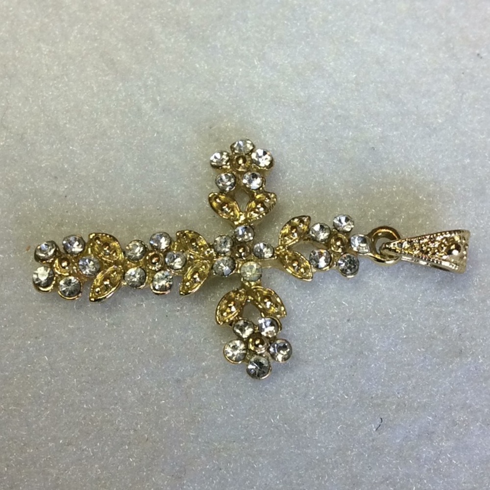 Feminine, Sparkly Golden Cross Pendant-Floral Leaf - Gem